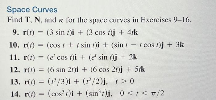 Solved Space Curves Find T,N, and κ for the space curves in | Chegg.com