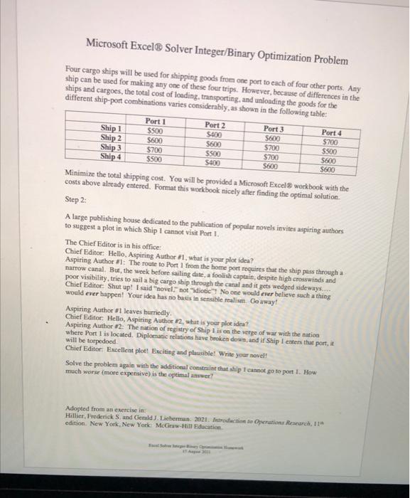 Solved Microsoft Excel® Solver Integer/Binary Optimization | Chegg.com