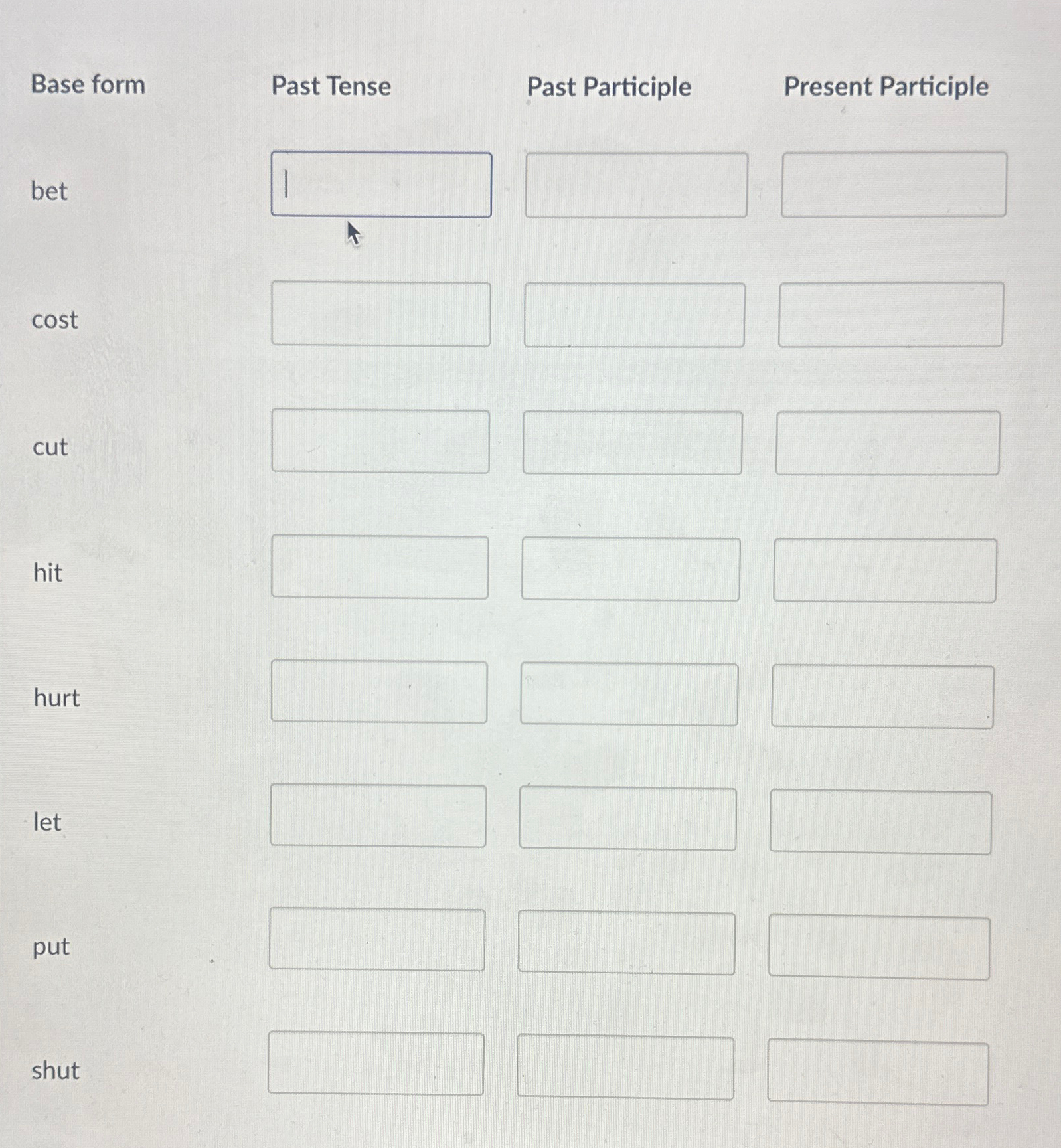 Solved Base formPast TensePast ParticiplePresent | Chegg.com
