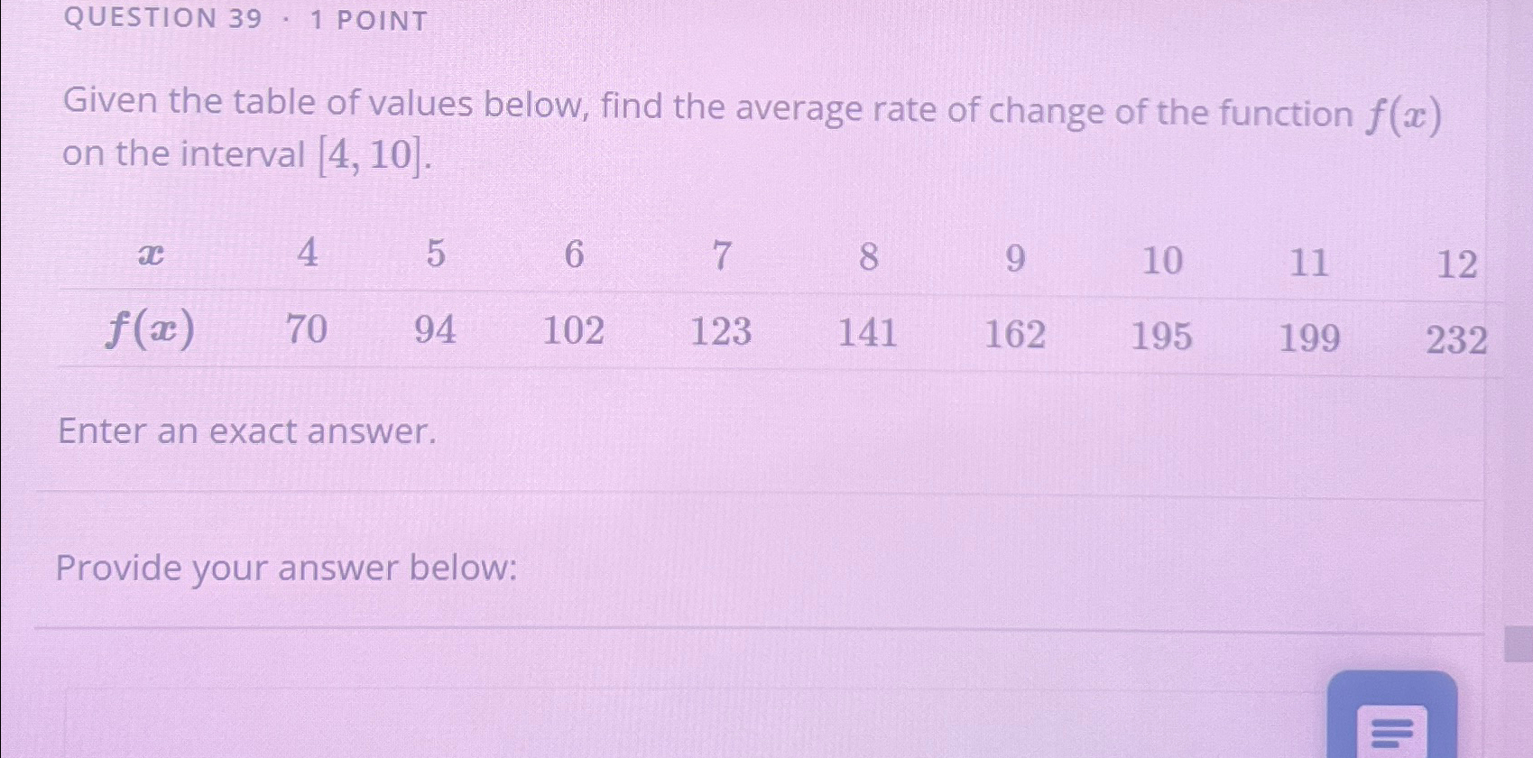 Solved QUESTION 39 * 1 ﻿POINTGiven the table of values | Chegg.com