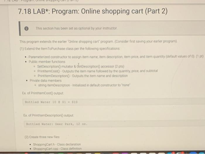 7.18 LAB*: Program: Online shopping cart (Part 2) | Chegg.com