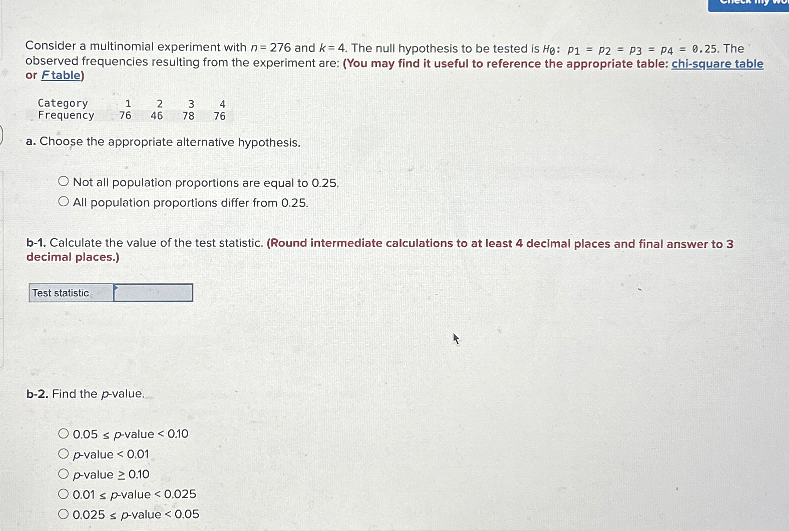 Solved Consider a multinomial experiment with n=276 ﻿and | Chegg.com