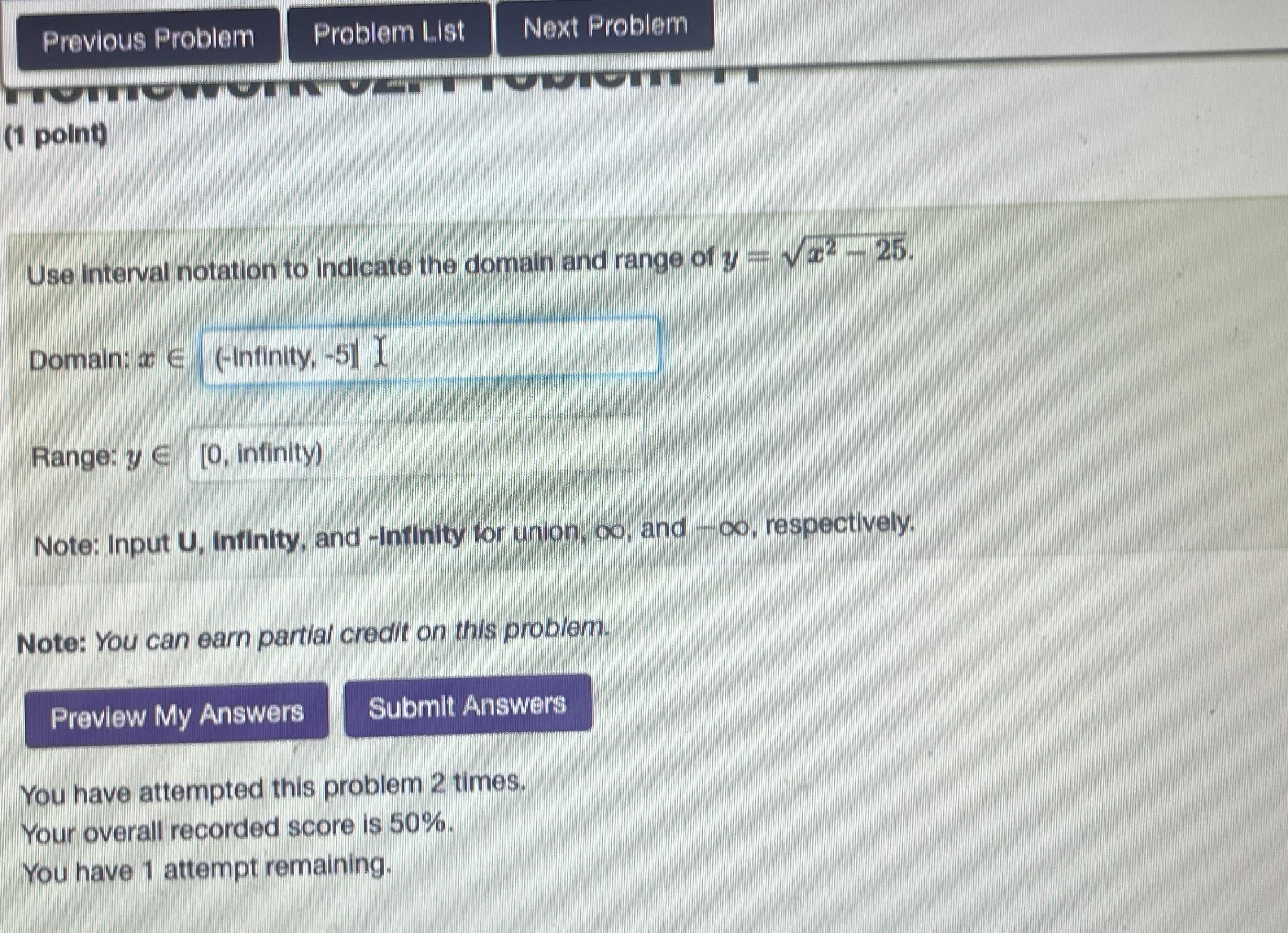 Solved Previous Problem(1 ﻿point)Use interval notation to | Chegg.com