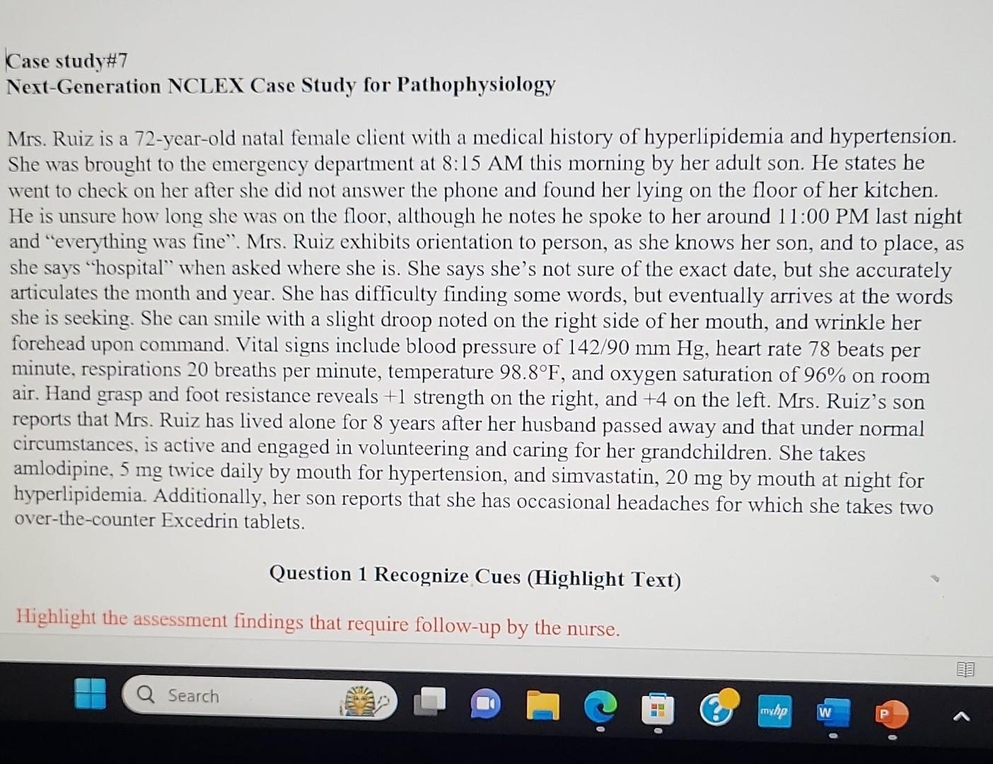 Solved Next-Generation NCLEX Case Study for Pathophysiology | Chegg.com