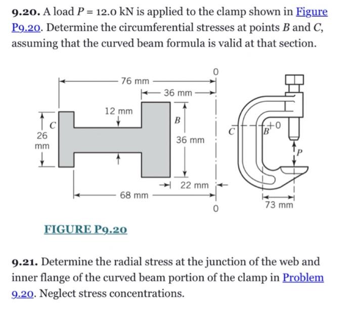 Solved 9.20. A load P=12.0kN is applied to the clamp shown | Chegg.com