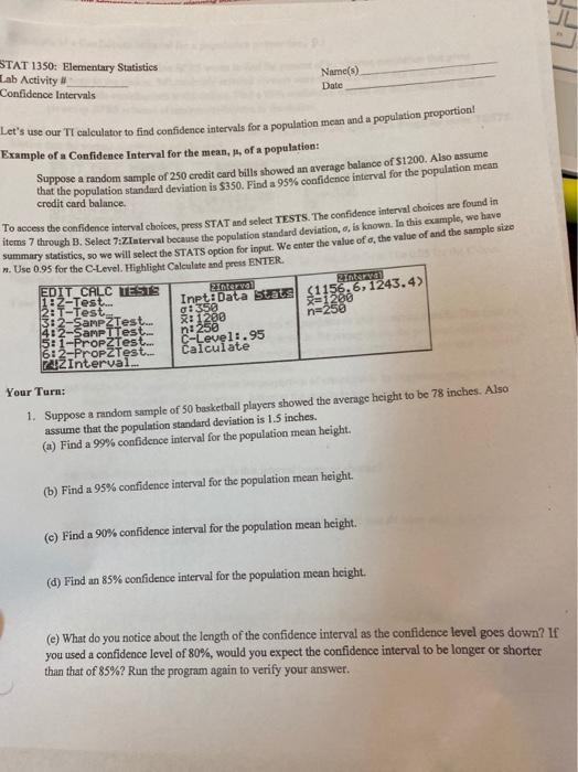 Solved STAT 1350: Elementary Statistics Lab Activity | Chegg.com