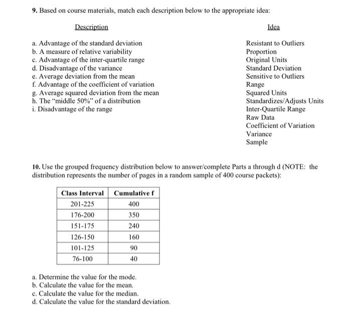 Solved 9. Based on course materials, match each description | Chegg.com