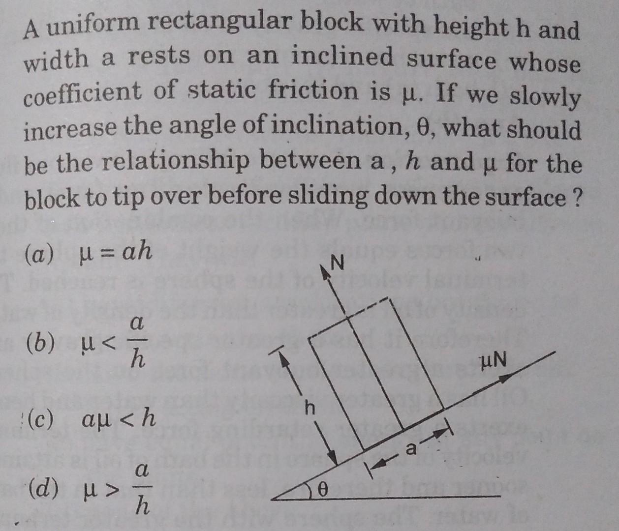 Solved A uniform rectangular block with height h and width a | Chegg.com