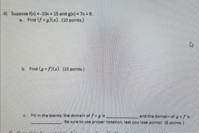 Solved Suppose f(x)=−10x+15 and g(x)=7x+9. 3. Find (f∘g)(x). | Chegg.com