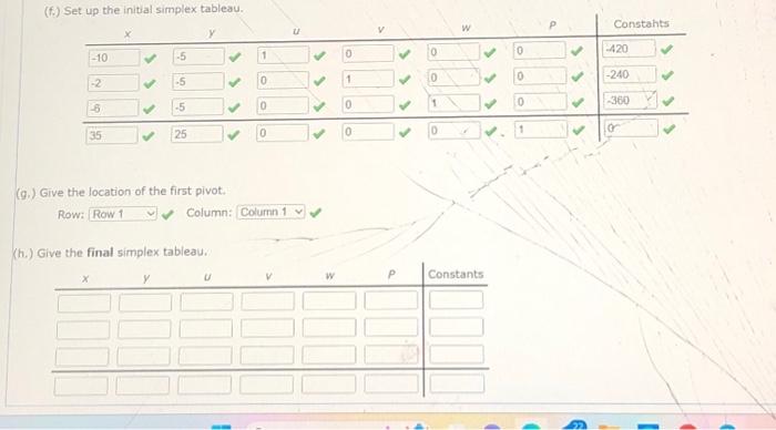 Solved (f.) Set up the initial simplex tableau. -10 -2 X -6 | Chegg.com