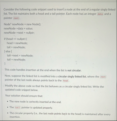Solved Consider the following code snippet used to insert a | Chegg.com