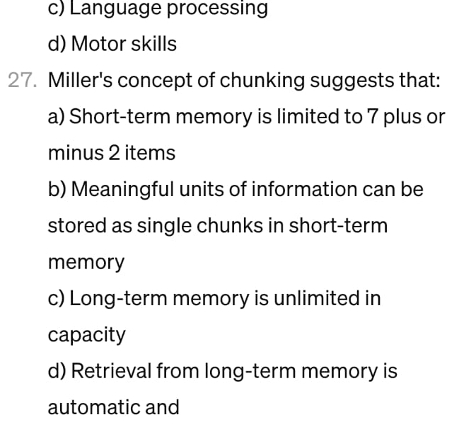 Solved c) ﻿Language processingd) ﻿Motor skills27. ﻿Miller's | Chegg.com