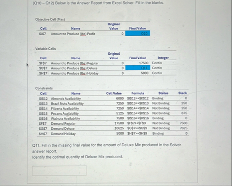 Solved (Q10-Q12) ﻿Below is the Answer Report from Excel | Chegg.com