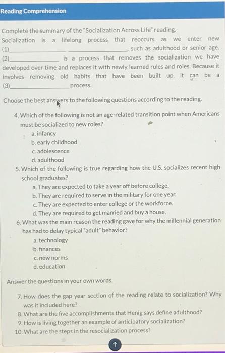 Solved Complete the summary of the "Socialization Across | Chegg.com