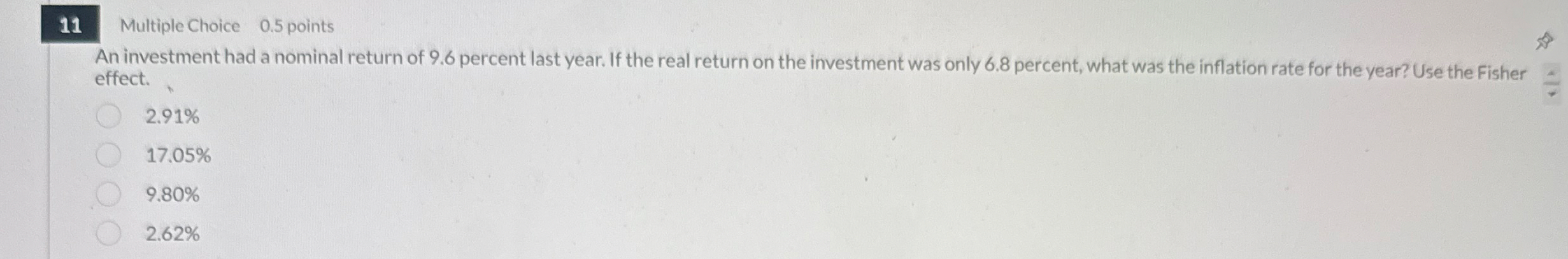 Solved 11 ﻿Multiple Choice 0.5 ﻿pointsAn investment had a | Chegg.com