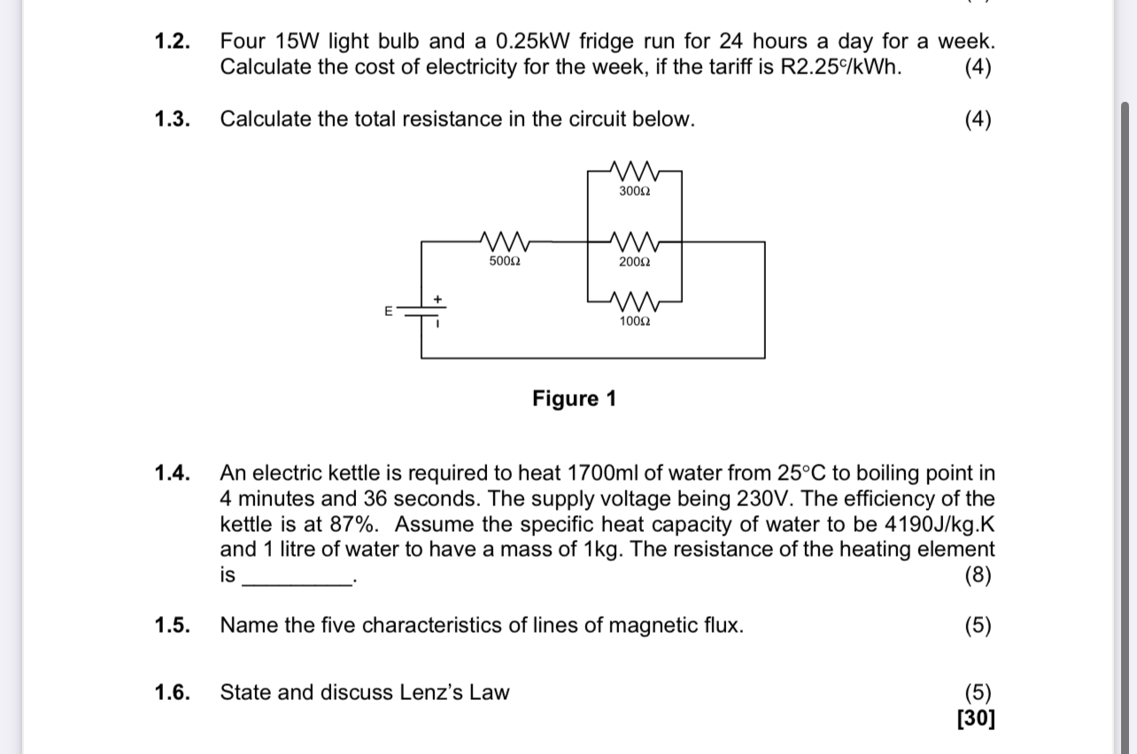 Solved 1.2. ﻿Four 15 ﻿W light bulb and a 0.25 ﻿kW fridge run | Chegg.com