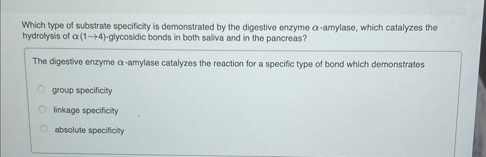 Solved Which type of substrate specificity is demonstrated | Chegg.com