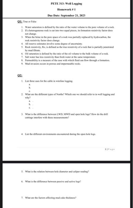 Solved Q1: True or False 1. Water saturation is defised by | Chegg.com