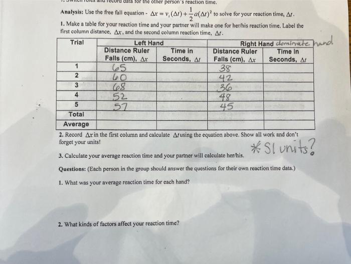 Solved Analysis; Use the free fall equation - | Chegg.com