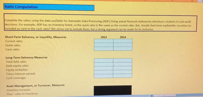 Solved Ratio Computation Complete the ratios using the data | Chegg.com