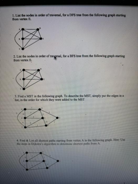 Solved 1. List the nodes in order of traversal, for a DFS | Chegg.com