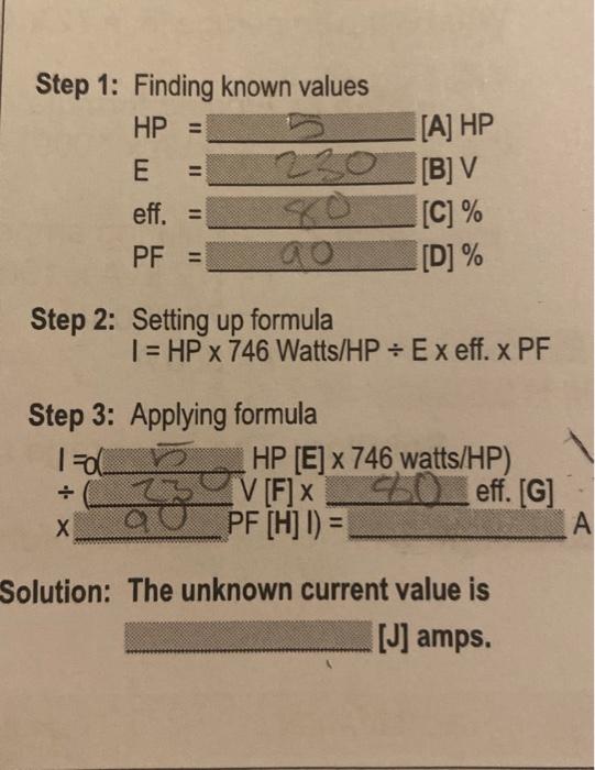 Solved Step 1: Finding known values HP=E= eff. =PF= [A] HP | Chegg.com