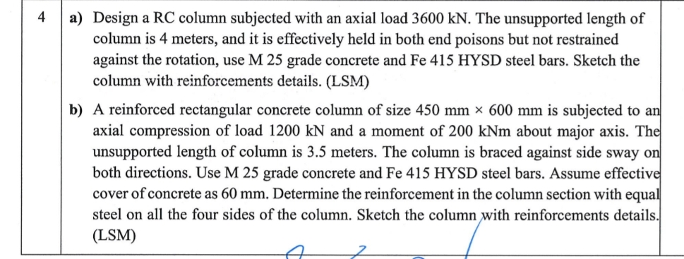 \table[[4,\table[[a) ﻿Design a RC column subjected | Chegg.com