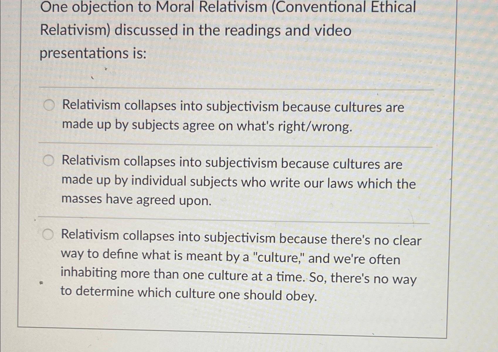 Solved One objection to Moral Relativism (Conventional | Chegg.com