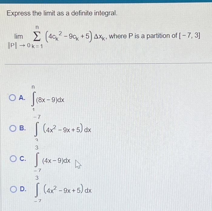 Solved Express the limit as a definite integral. n lim Σ | Chegg.com