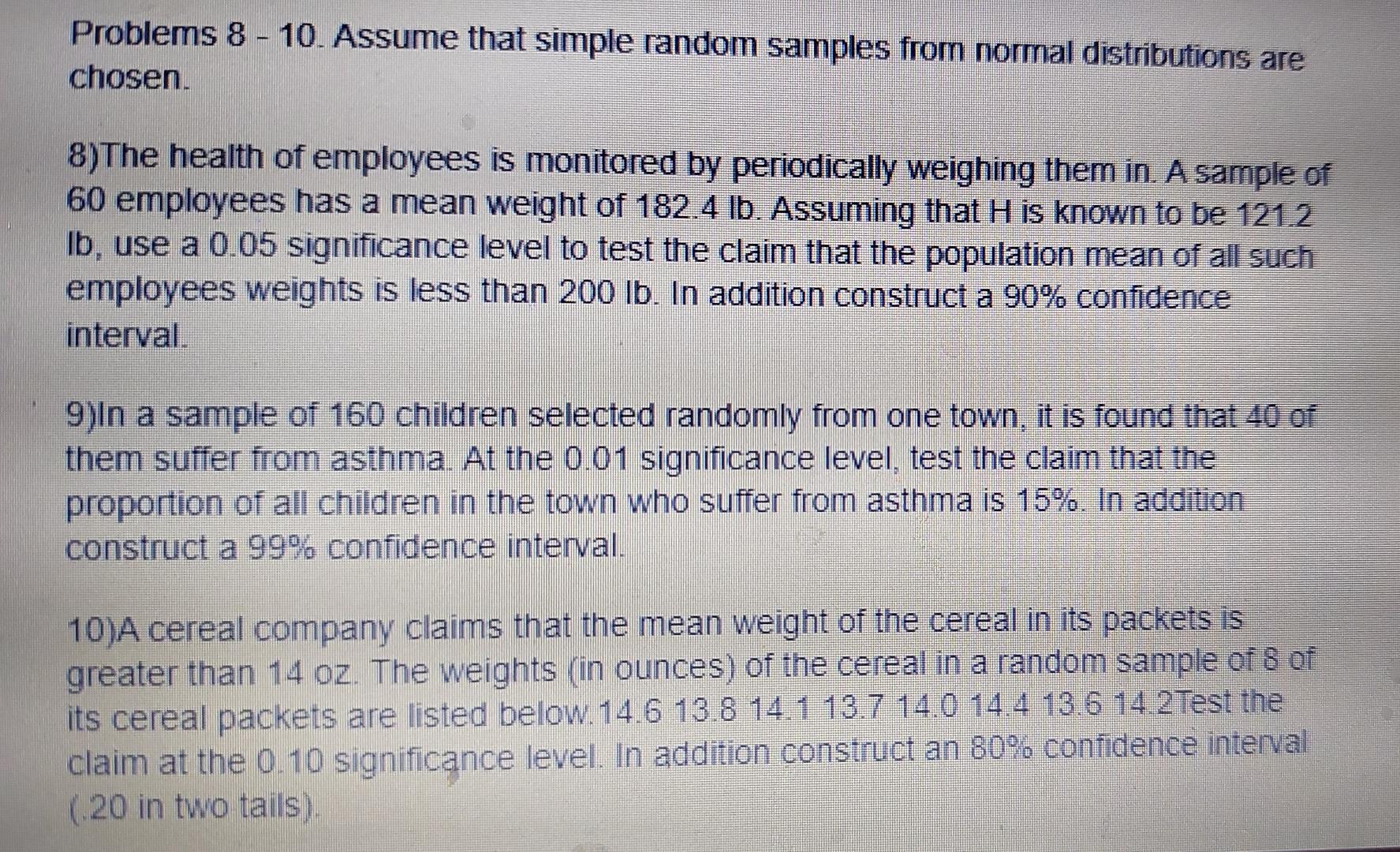 Solved Problems 8 - 10. Assume that simple random samples | Chegg.com