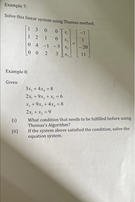 Solved Example 7: Solve this linear system using Thomas | Chegg.com