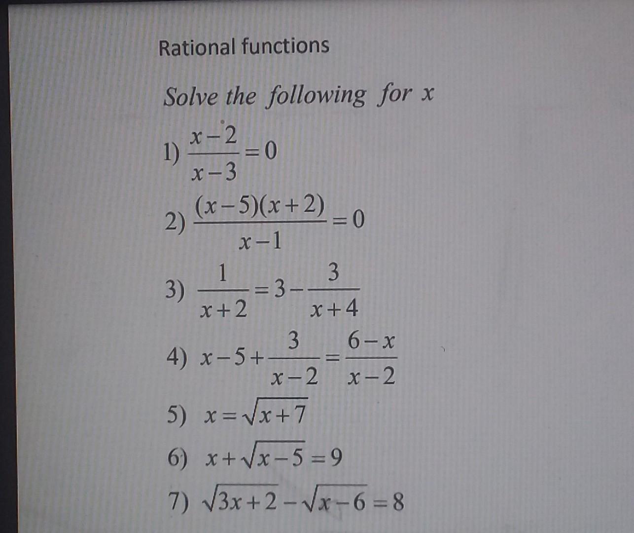 Solved Rational functions Solve the following for x 1) | Chegg.com