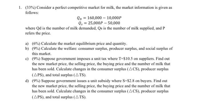 Solved (33%) Consider a perfect competitive market for milk, | Chegg.com