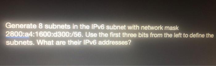 Solved Generate 8 subnets in the IPv6 subnet with network | Chegg.com