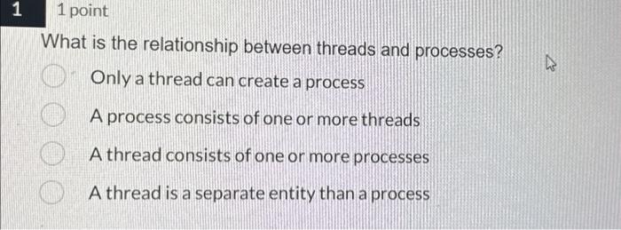 Solved 1 1 point What is the relationship between threads | Chegg.com