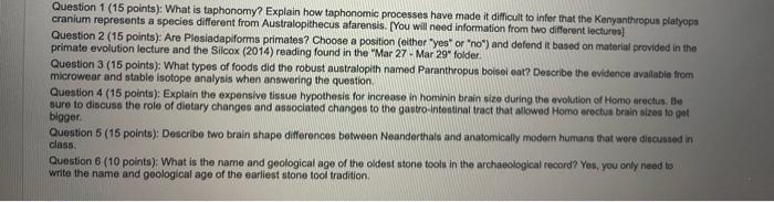 Question 1 (15 points): What is taphonomy? Explain | Chegg.com