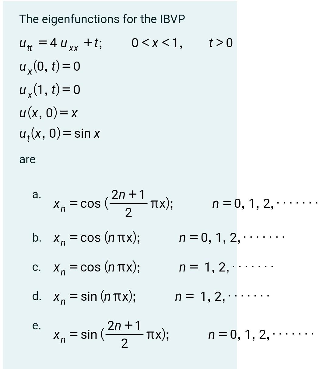 Solved t>O The eigenfunctions for the IBVP Ut = 4 Uxx +t; 0 | Chegg.com