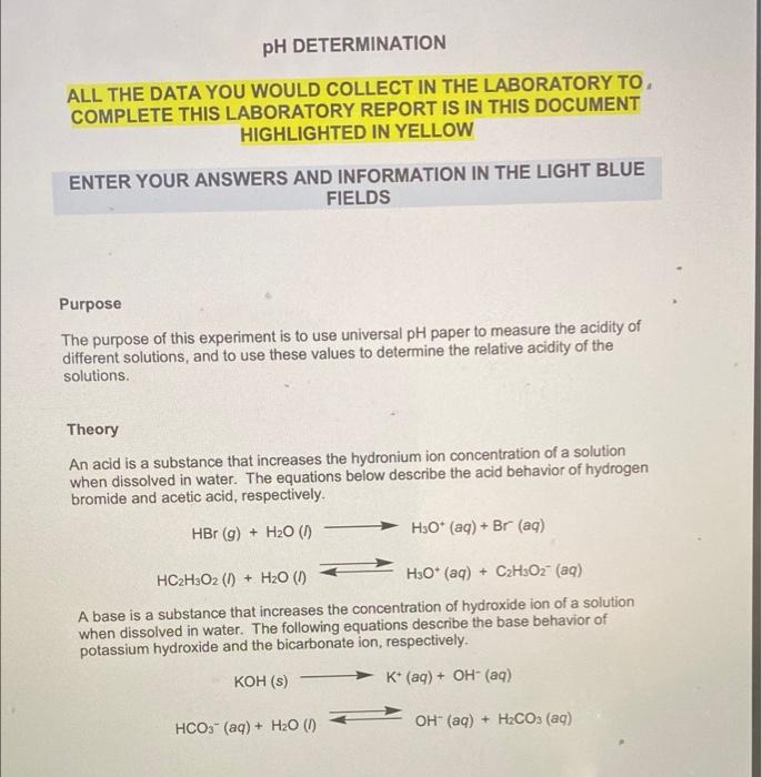 Solved pH DETERMINATION ALL THE DATA YOU WOULD COLLECT IN | Chegg.com