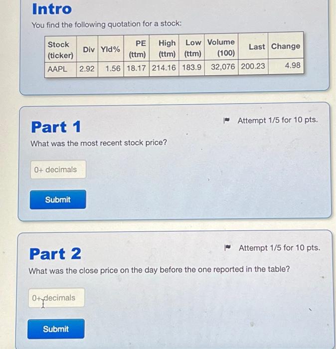 Solved You find the following quotation for a stock: Part 1 | Chegg.com