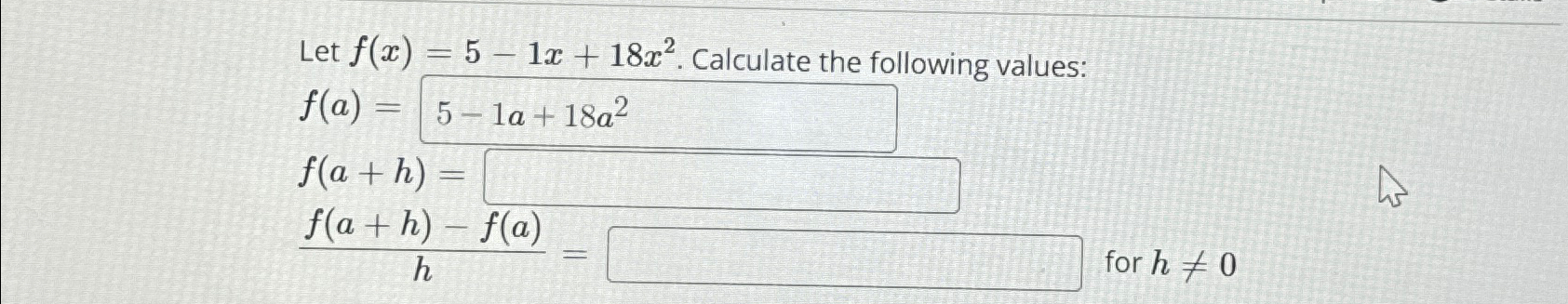 Solved Let f(x)=5-1x+18x2. ﻿Calculate the following | Chegg.com