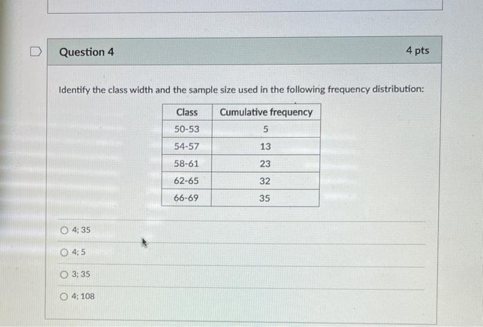 Solved D Question 4 4 pts Identify the class width and the | Chegg.com