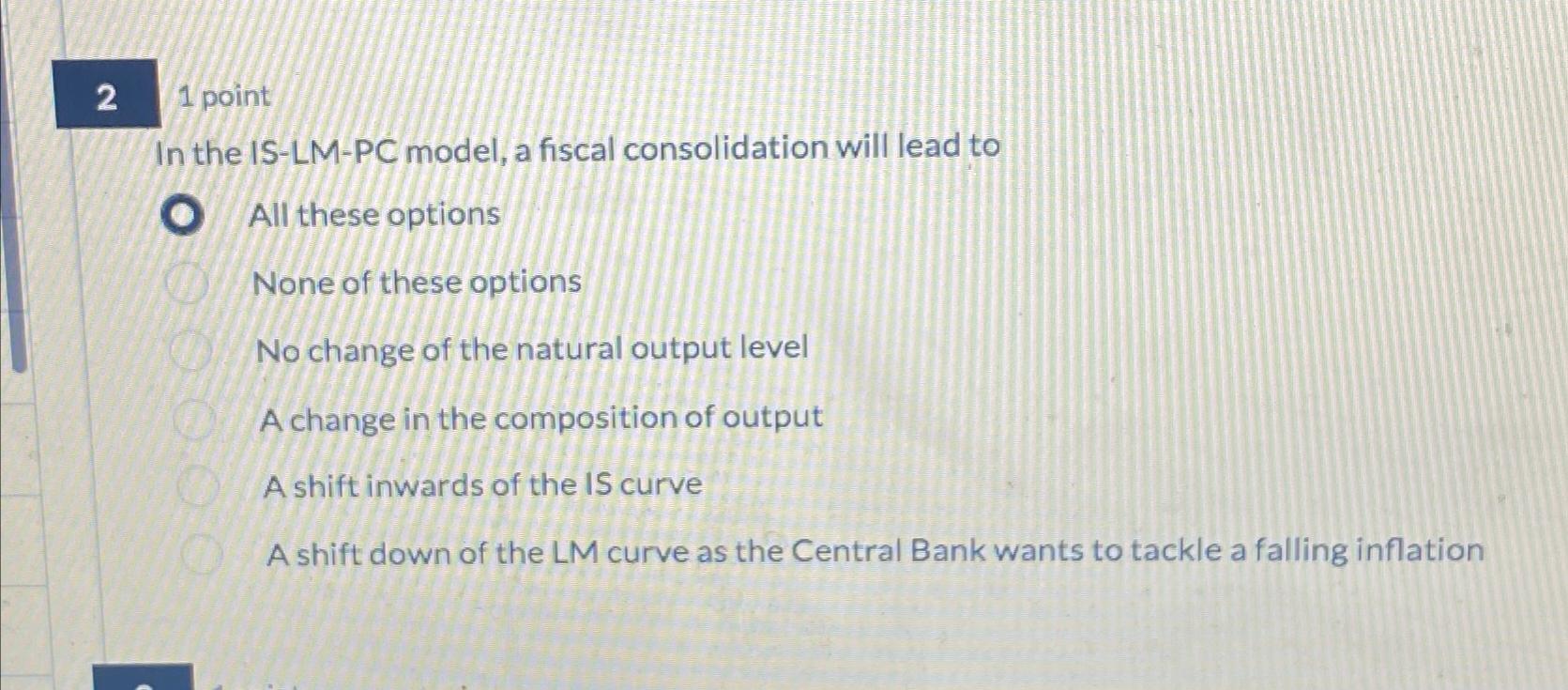 Solved 21 ﻿pointIn the IS-LM-PC model, a fiscal | Chegg.com