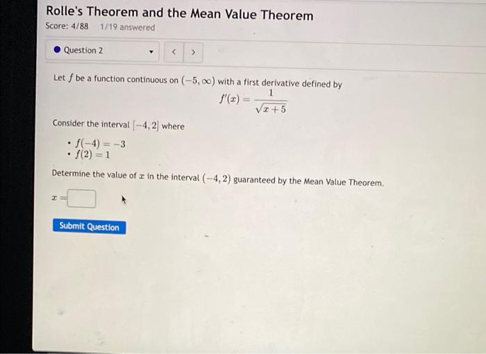 Solved Rolle's Theorem and the Mean Value Theorem Score: | Chegg.com