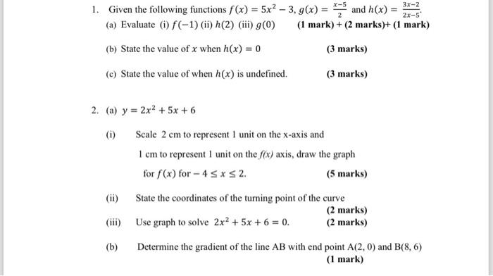 Solved 1. Given the following functions f(x)=5x2−3,g(x)=2x−5 | Chegg.com