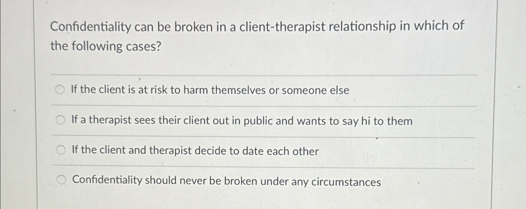 Solved Confidentiality can be broken in a client-therapist | Chegg.com