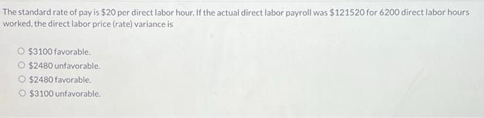 Solved The standard rate of pay is $20 per direct labor | Chegg.com