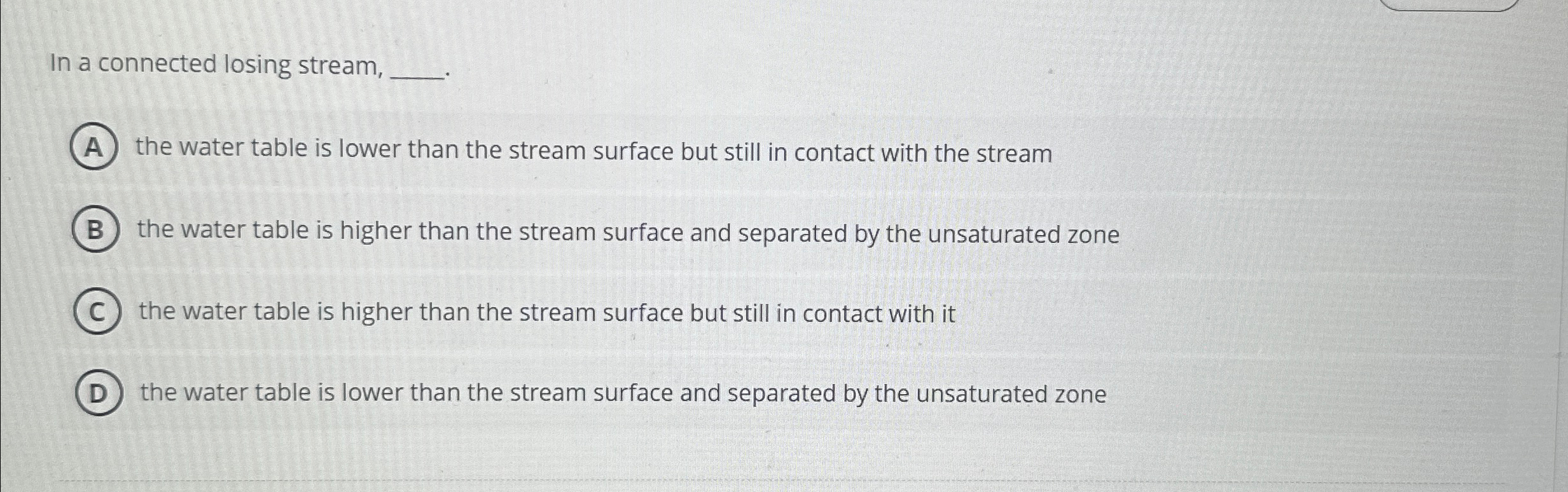 Solved In a connected losing stream, q,the water table is | Chegg.com