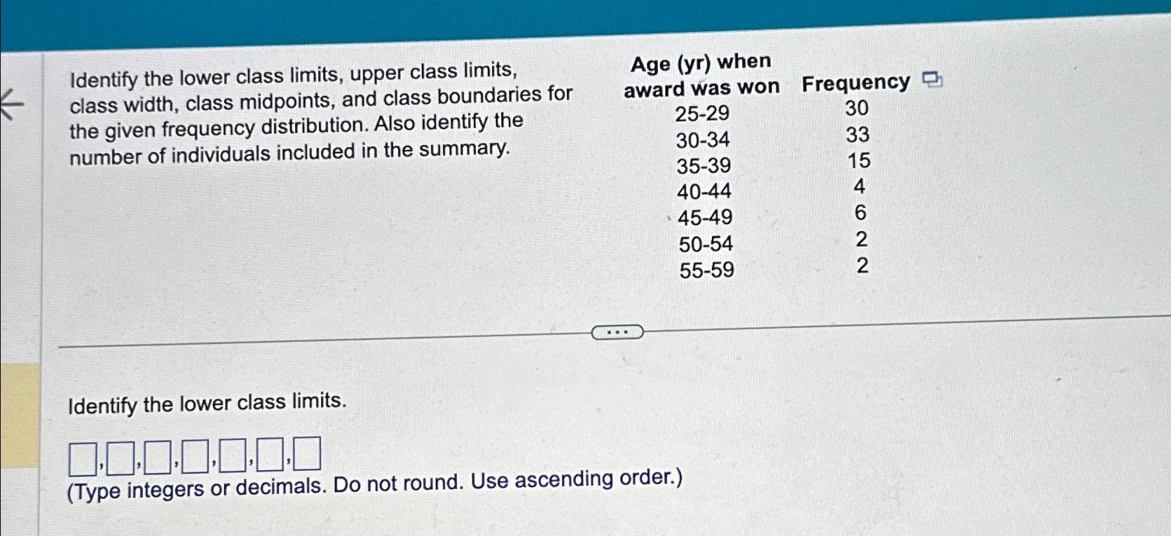 Solved Identify the lower class limits, ﻿upper class limits, | Chegg.com