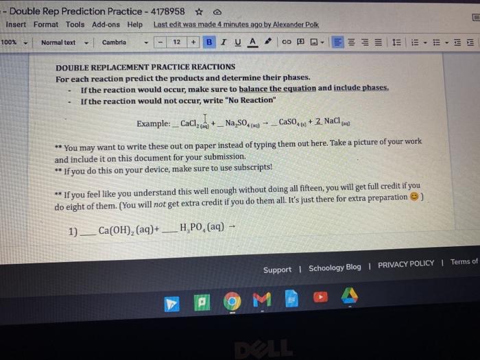Solved - Double Rep Prediction Practice - 4178958 Insert | Chegg.com