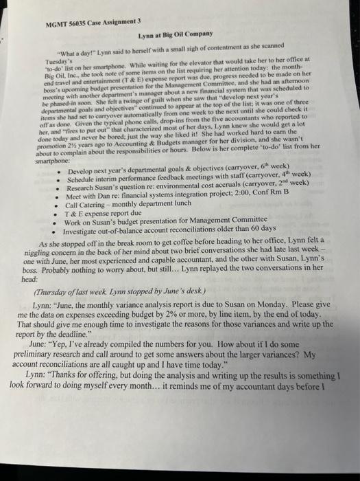 Solved MGMT 56035 Case Assignmeat 3 Lynn at Big Oil Company | Chegg.com